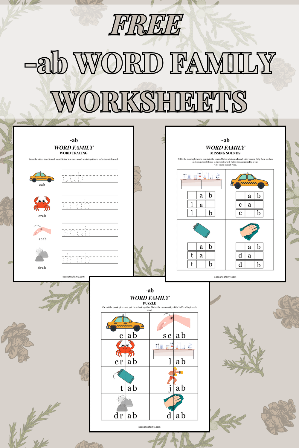 Free -ab Word Family Worksheets: Teach Kids How To Read - Seasons of Amy